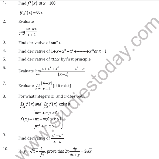 CBSE Class 11 Limits and Derivative Worksheet D CBSE Class 11 Limits and Derivative Worksheet D